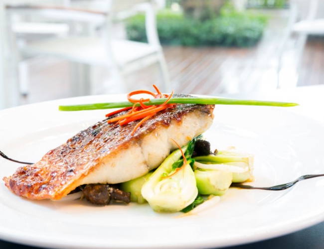 Crispy skin barramundi with green mango & soybean salad Recipe | Buy ...