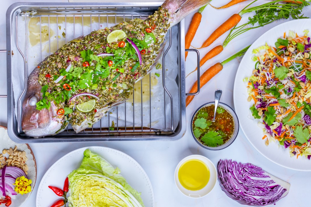 Whole roasted herby fish with noodle salad Recipe | Buy West Eat Best