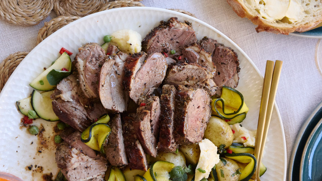 Roast lamb rump with baby potato, pea & zucchini salad Recipe | Buy ...